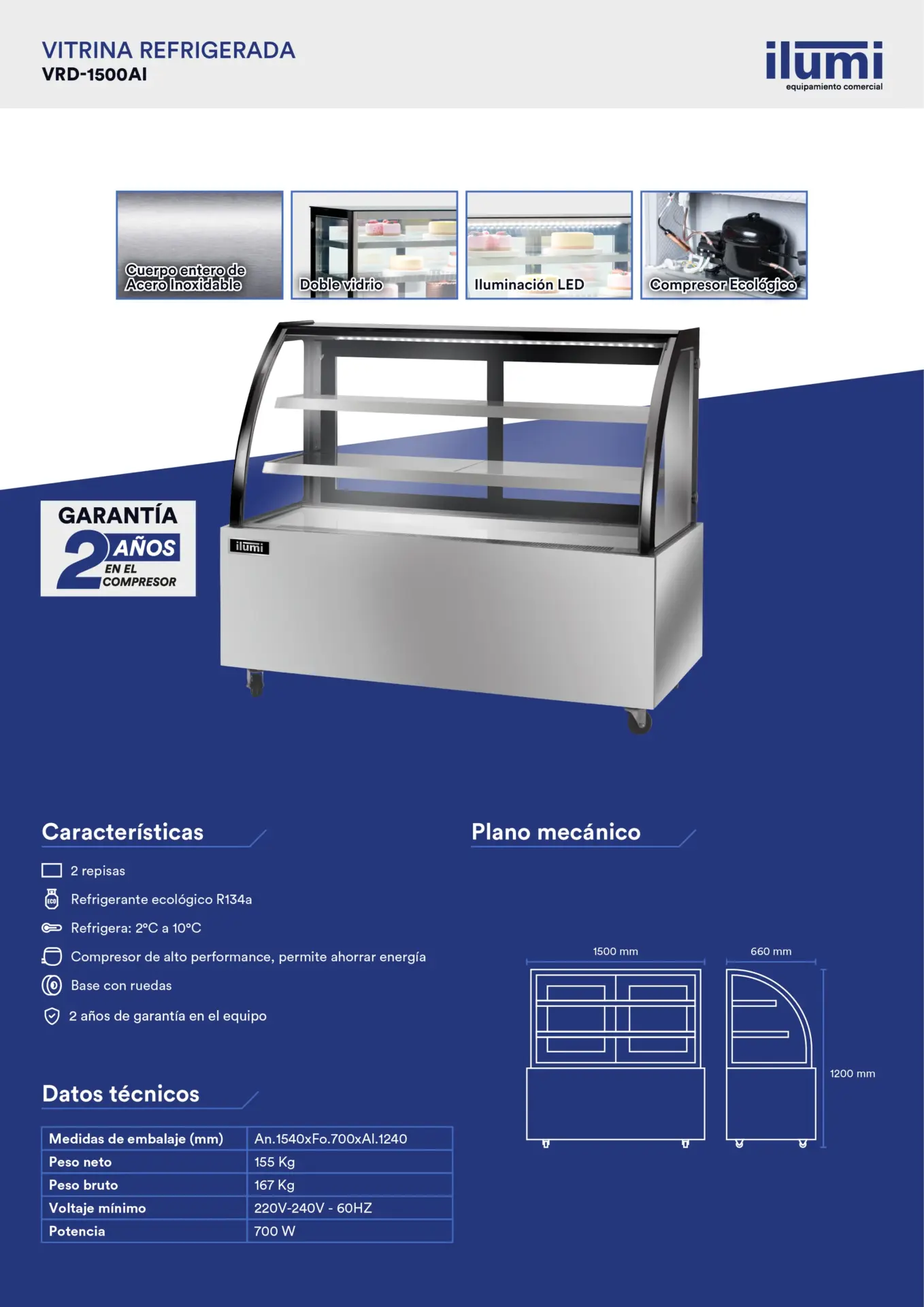 Vitrina refrigerada de 1500 mm 2 repisas y vidrio curvo | HOME ELECTRO